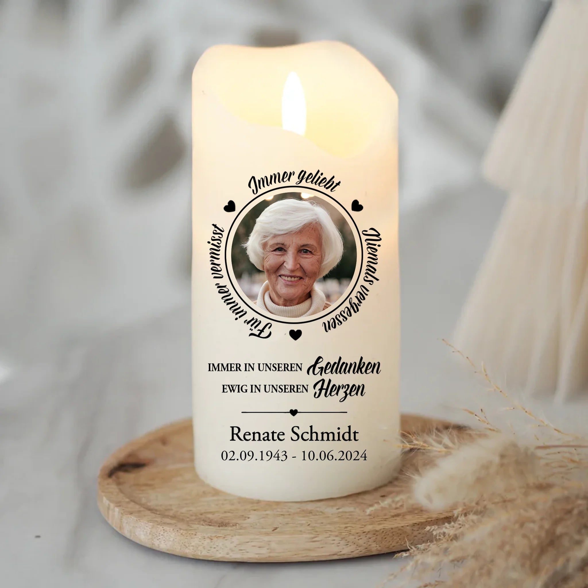 Personalisierte LED Trauerkerze mit Foto und Datum in Erinnerung an Verstorbene | Geschenk für ...